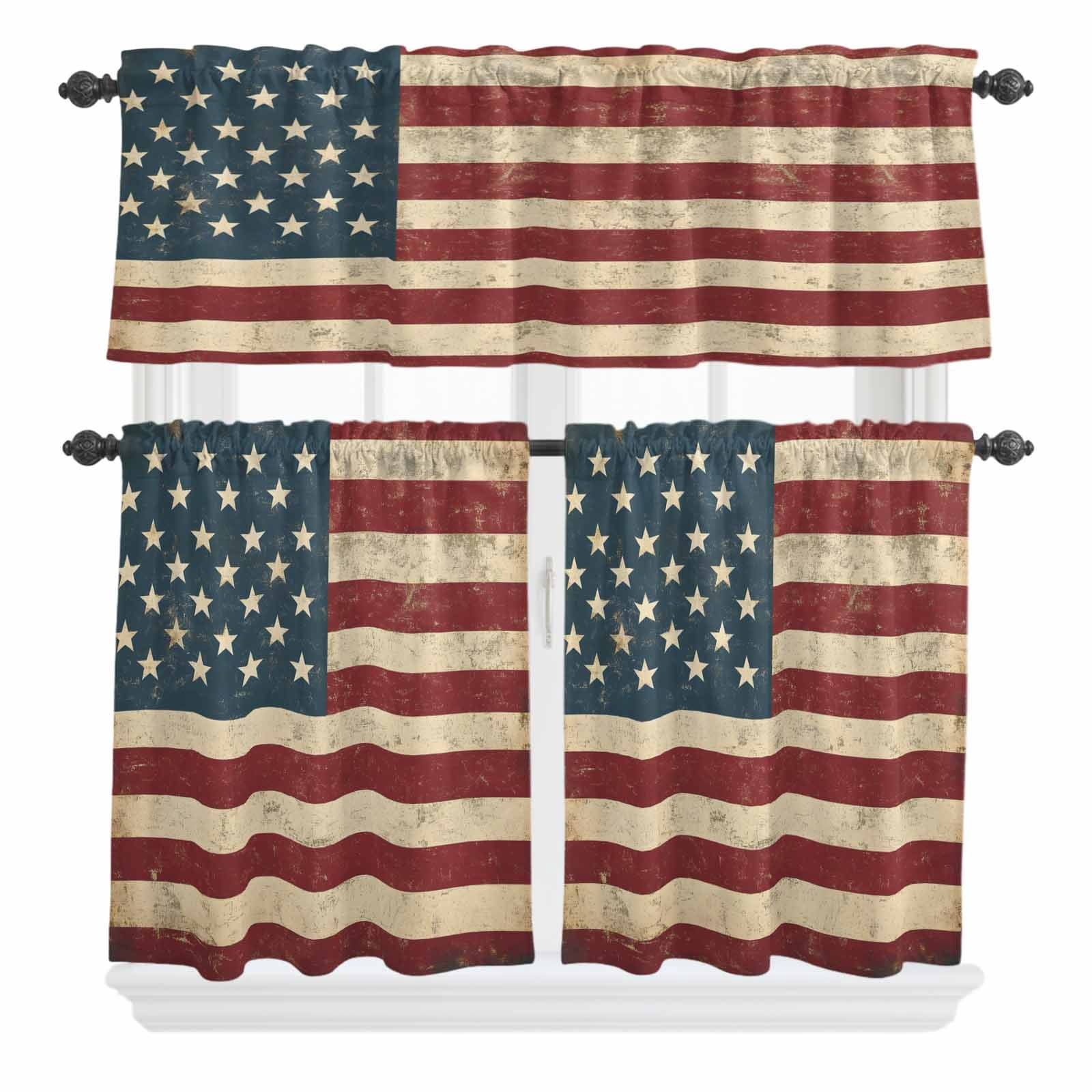3 Piece Kitchen Curtains and Valances Set Retro Red Blue American Flag ...