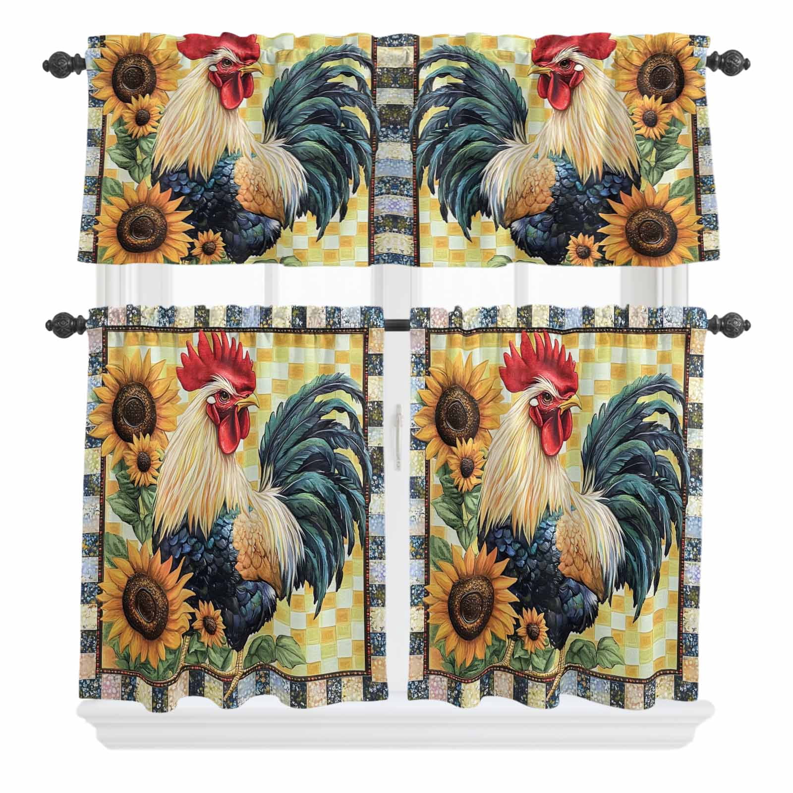 3 Piece Kitchen Curtains and Valances Set Retro Rooster Cafe Curtains ...