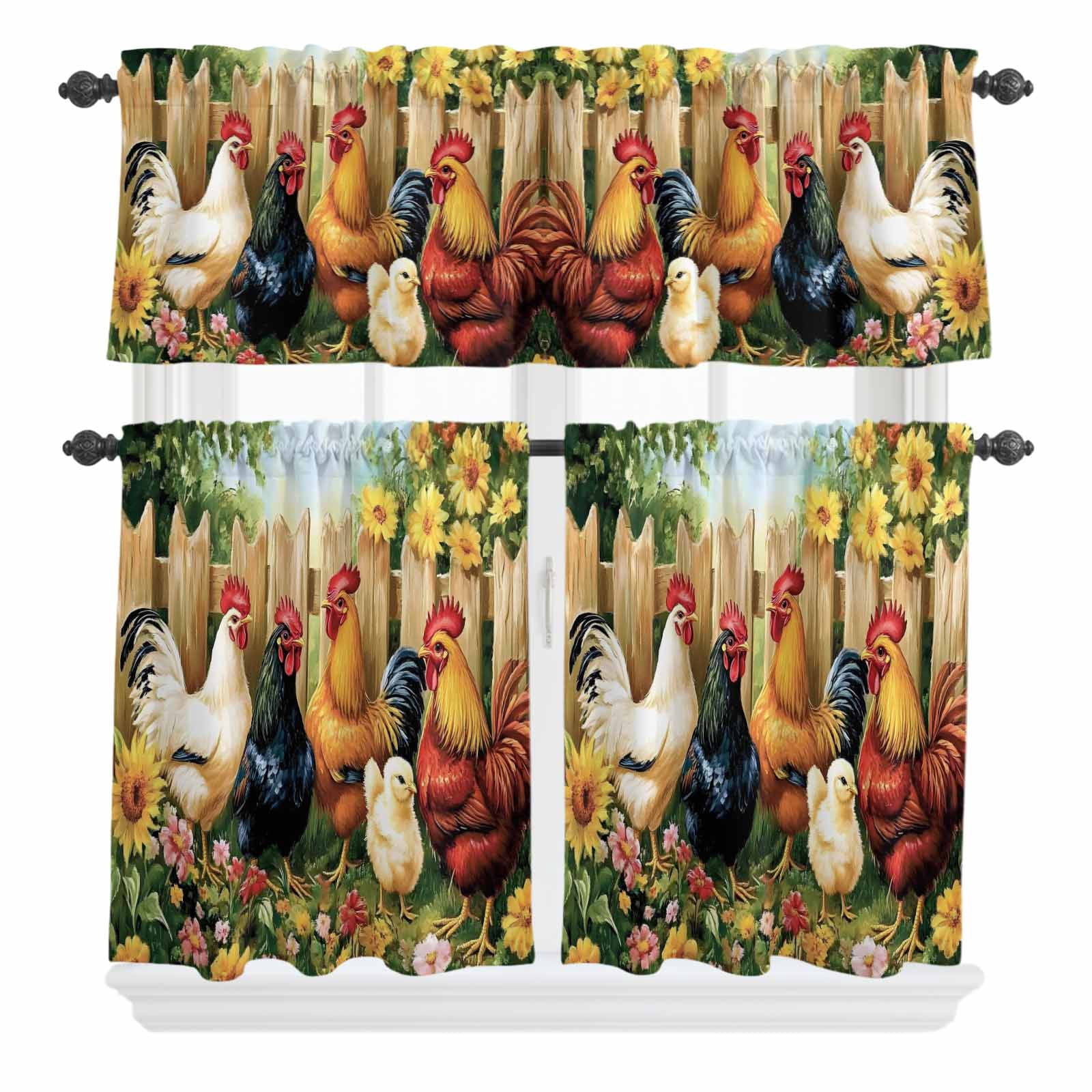 3 Piece Kitchen Curtains and Valances Set Retro Rooster Cafe Curtains ...