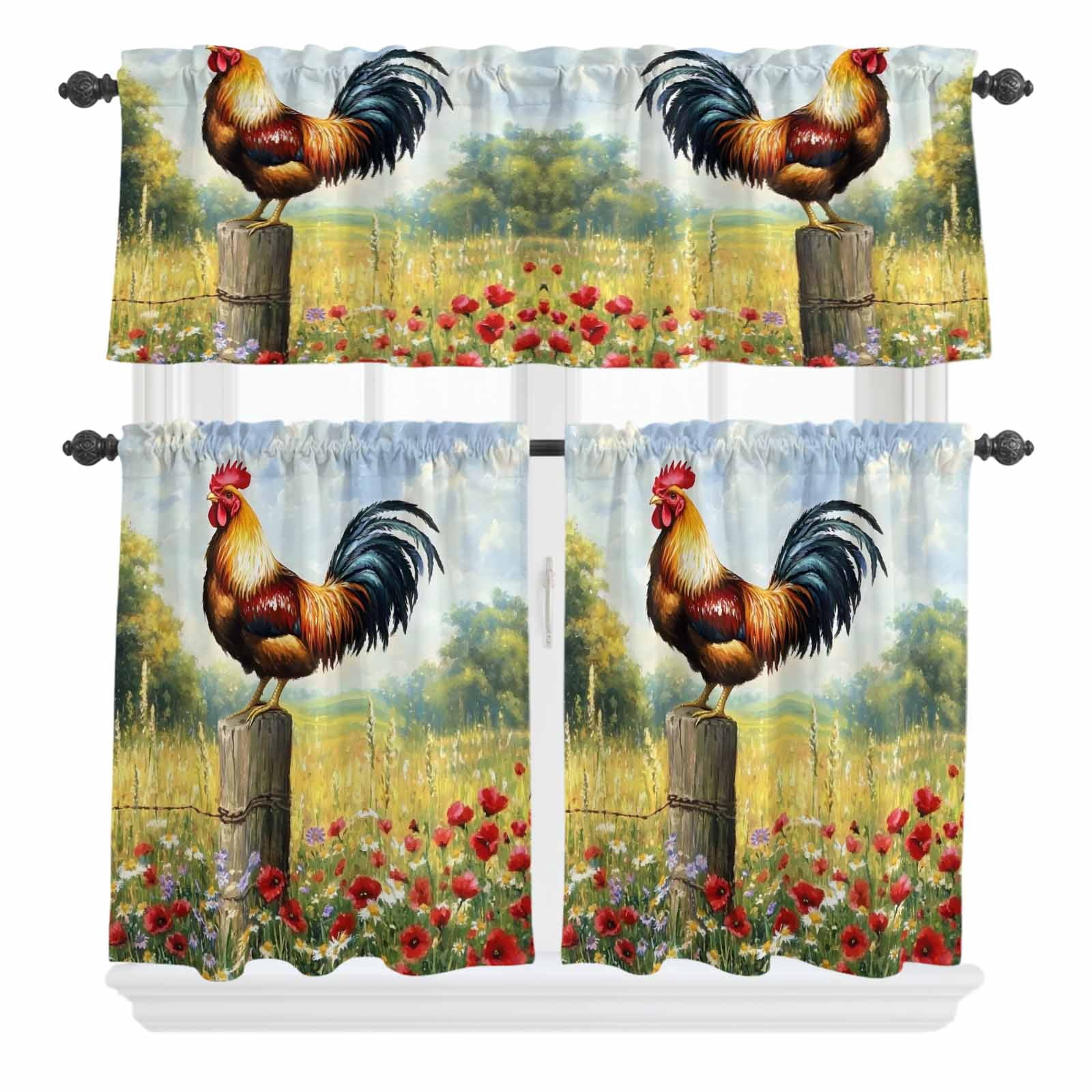 3 Piece Kitchen Curtains and Valances Set Retro Rooster Cafe Curtains ...