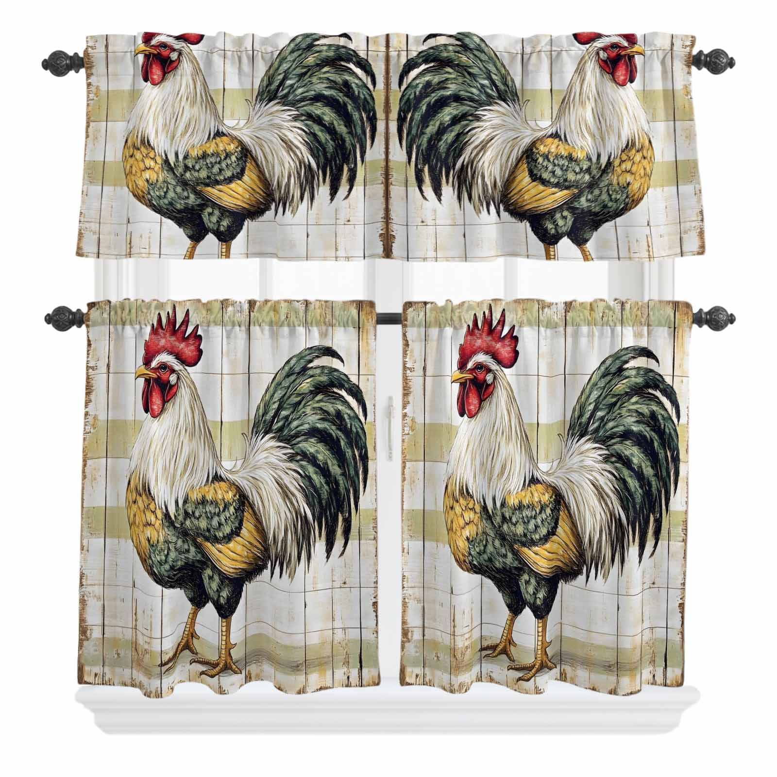 3 Piece Kitchen Curtains and Valances Set Retro Rooster Cafe Curtains ...
