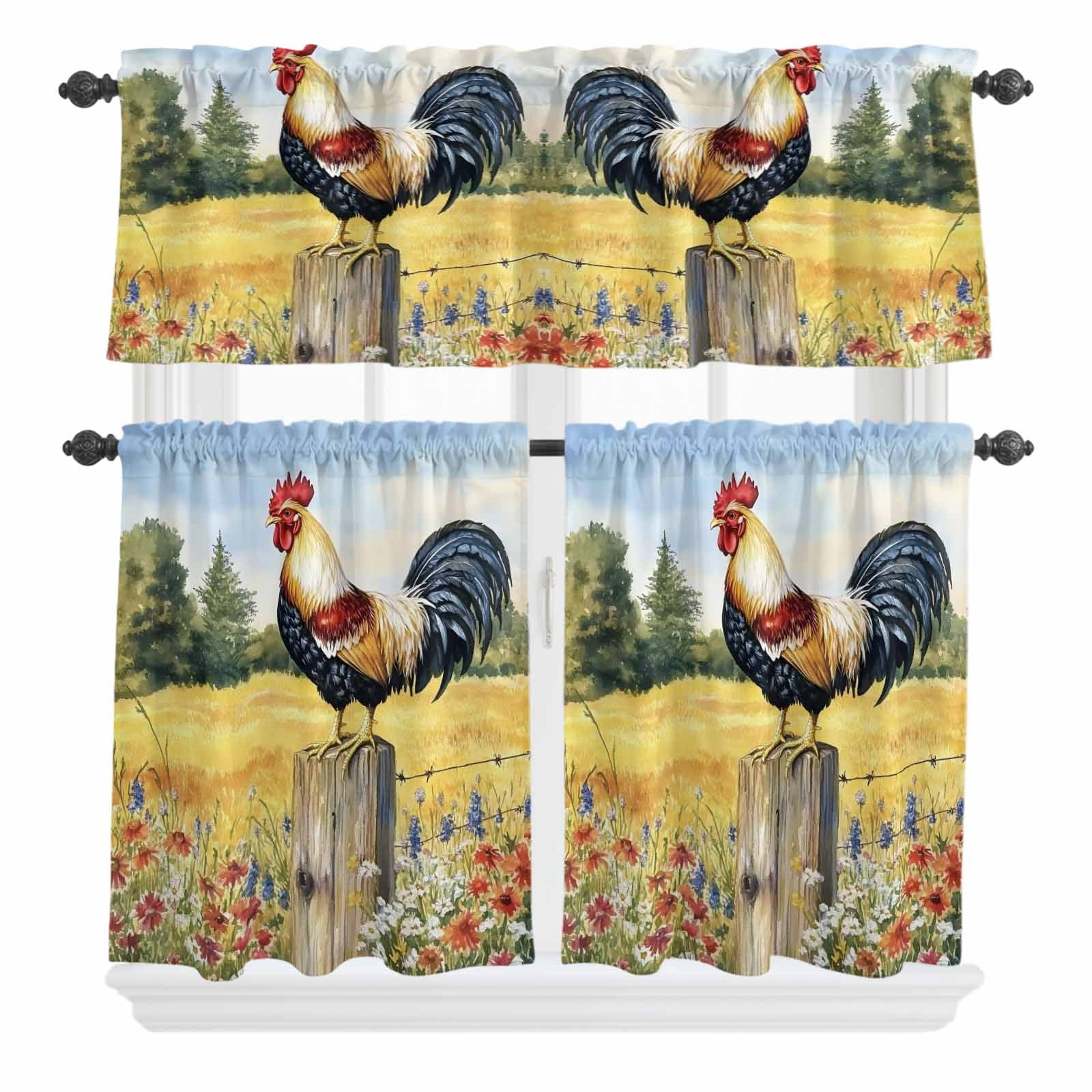 3 Piece Kitchen Curtains and Valances Set Retro Rooster Cafe Curtains ...