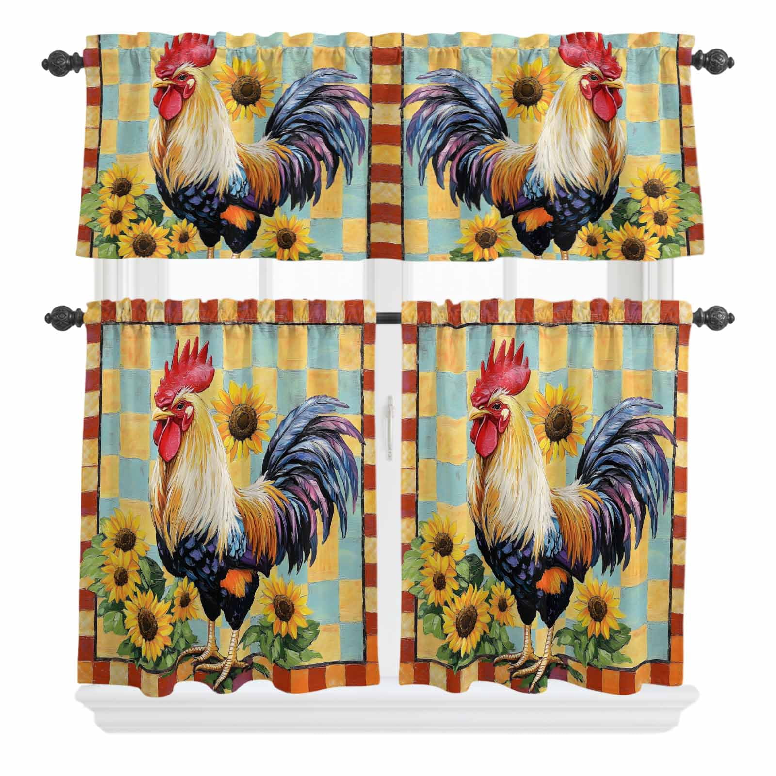 3 Piece Kitchen Curtains and Valances Set Retro Rooster Cafe Curtains ...