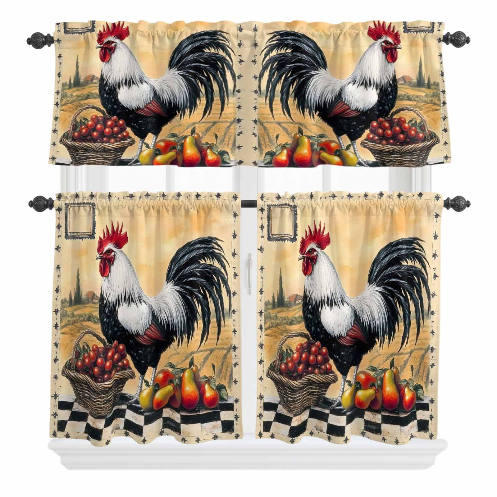 3 Piece Kitchen Curtains and Valances Set Rooster Cafe Curtains 24 Inch ...