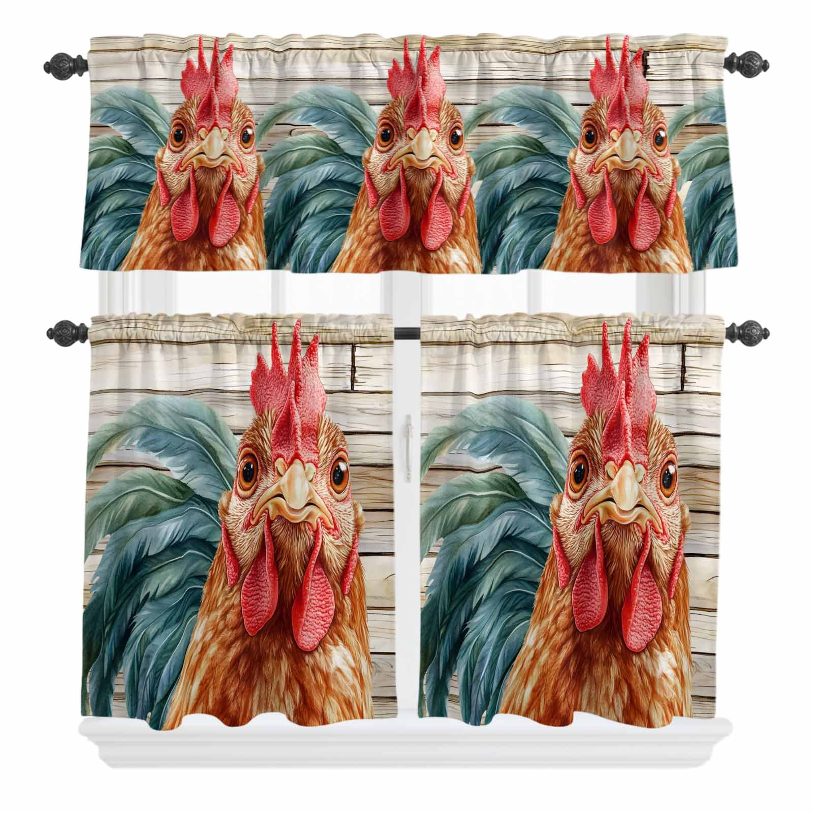 3 Piece Kitchen Curtains and Valances Set Rooster Feather Cafe Curtains ...