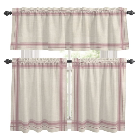 3 Piece Kitchen Curtains and Valances Set Rose Pink Grid Lines Cafe ...