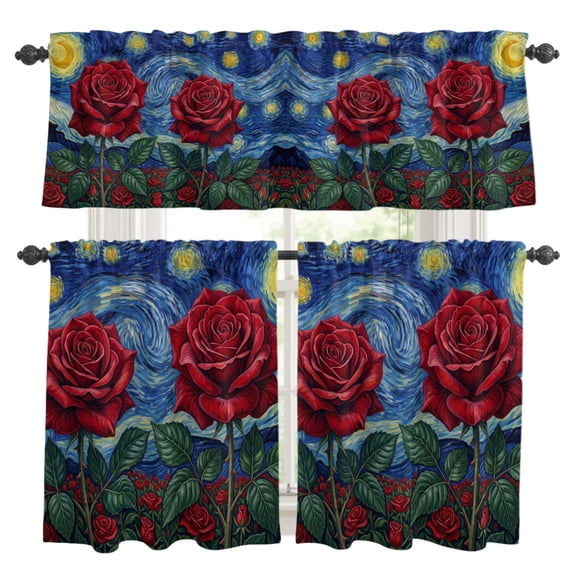 3 Piece Kitchen Curtains and Valances Set Roses Starry Sky Cafe ...