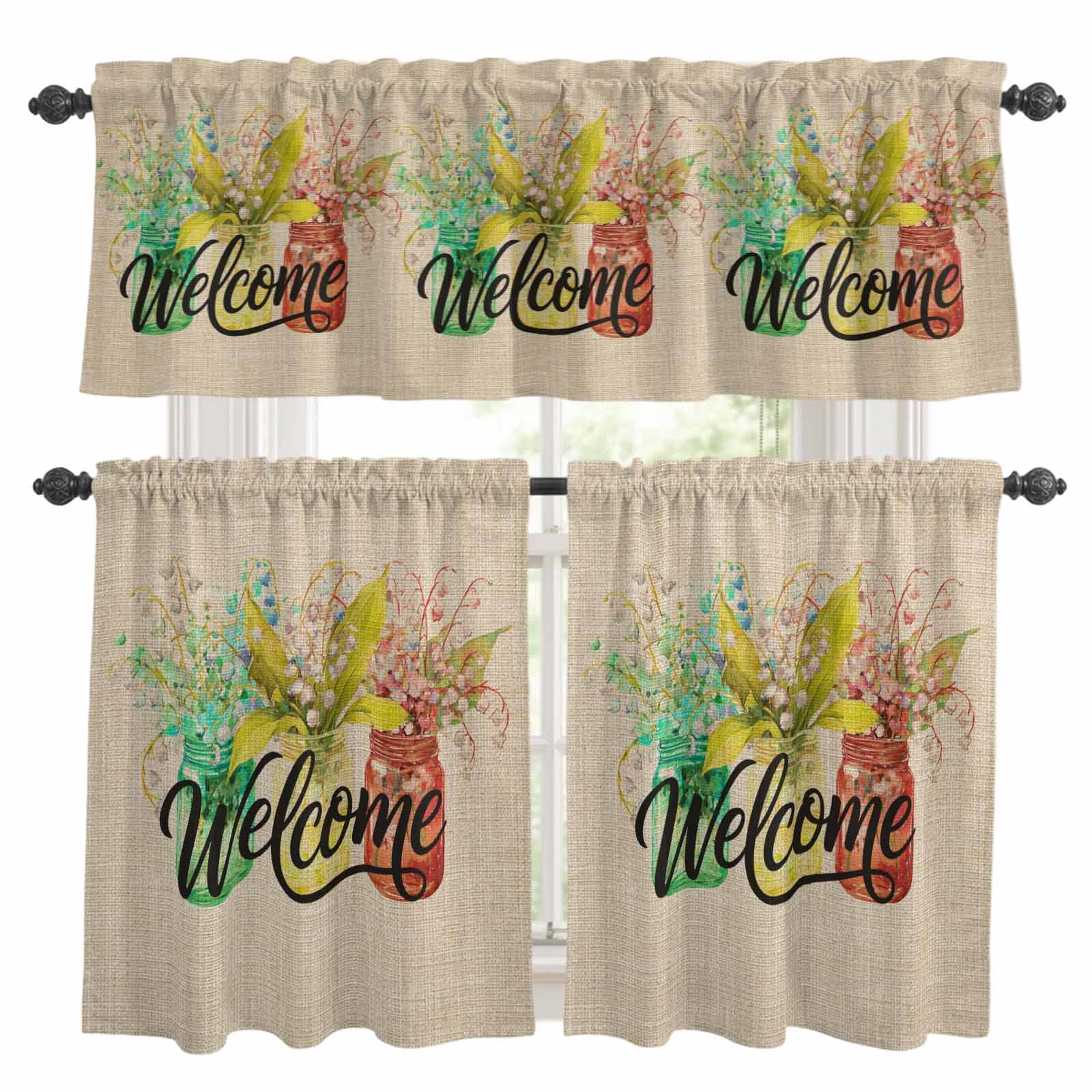3 Piece Kitchen Curtains and Valances Set Rustic Bottle Flowers Cafe ...