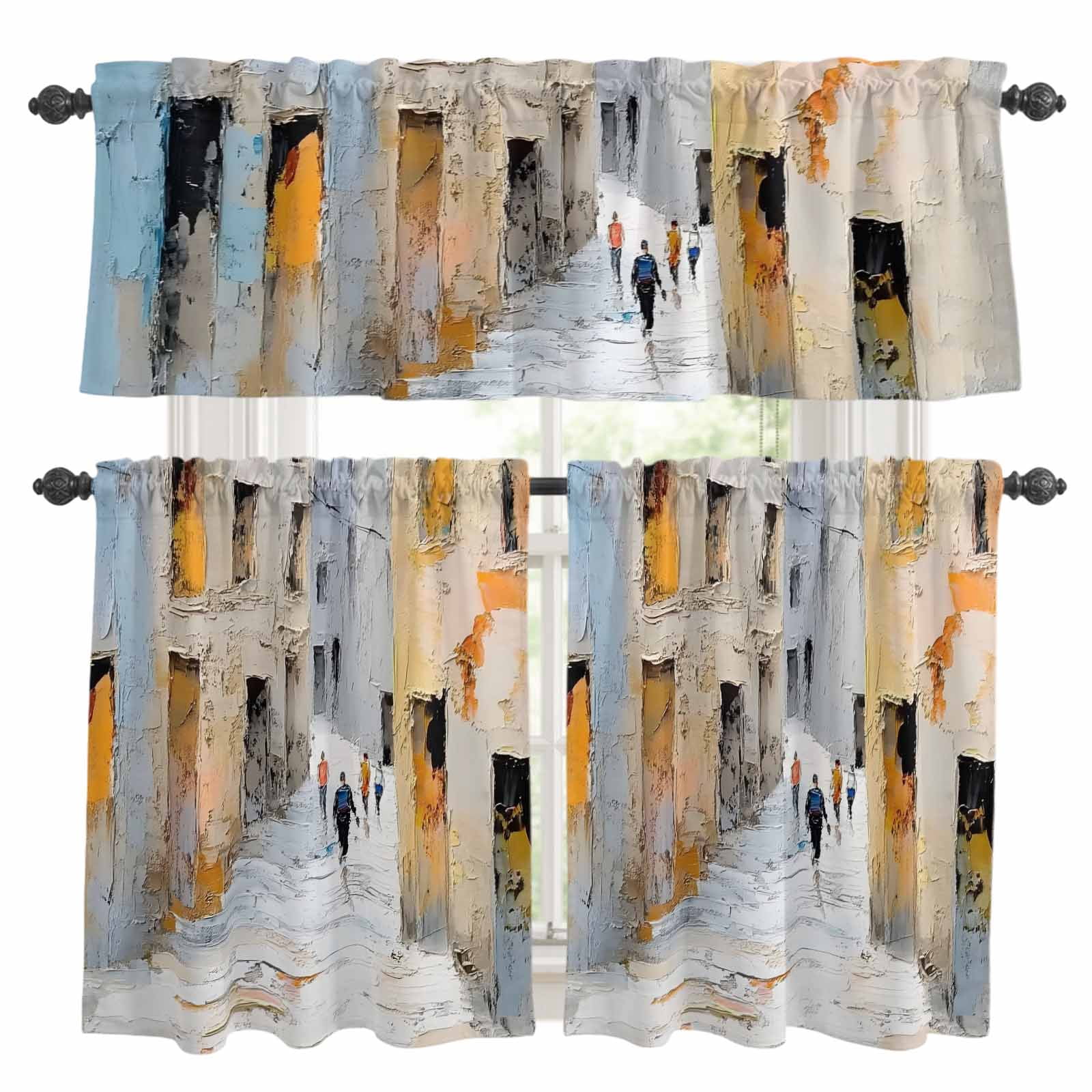 3 Piece Kitchen Curtains and Valances Set Rustic City Cafe Curtains 36 ...
