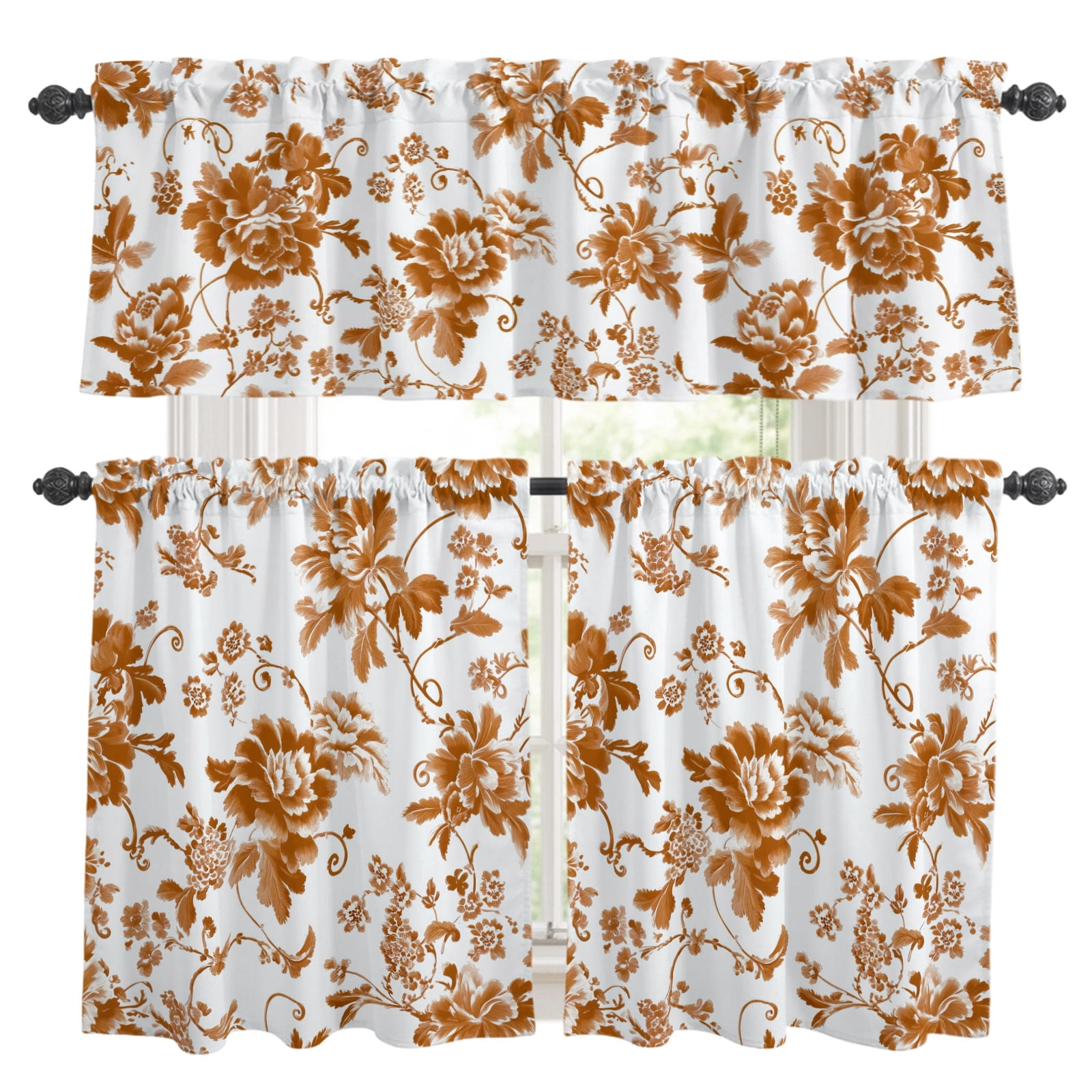3 Piece Kitchen Curtains and Valances Set Rustic Flowers Cafe Curtains ...