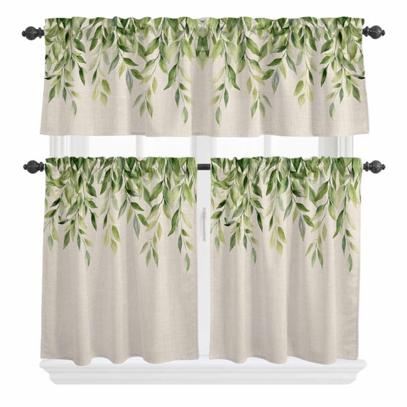 3 Piece Kitchen Curtains and Valances Set Rustic Green Leaves Cafe ...