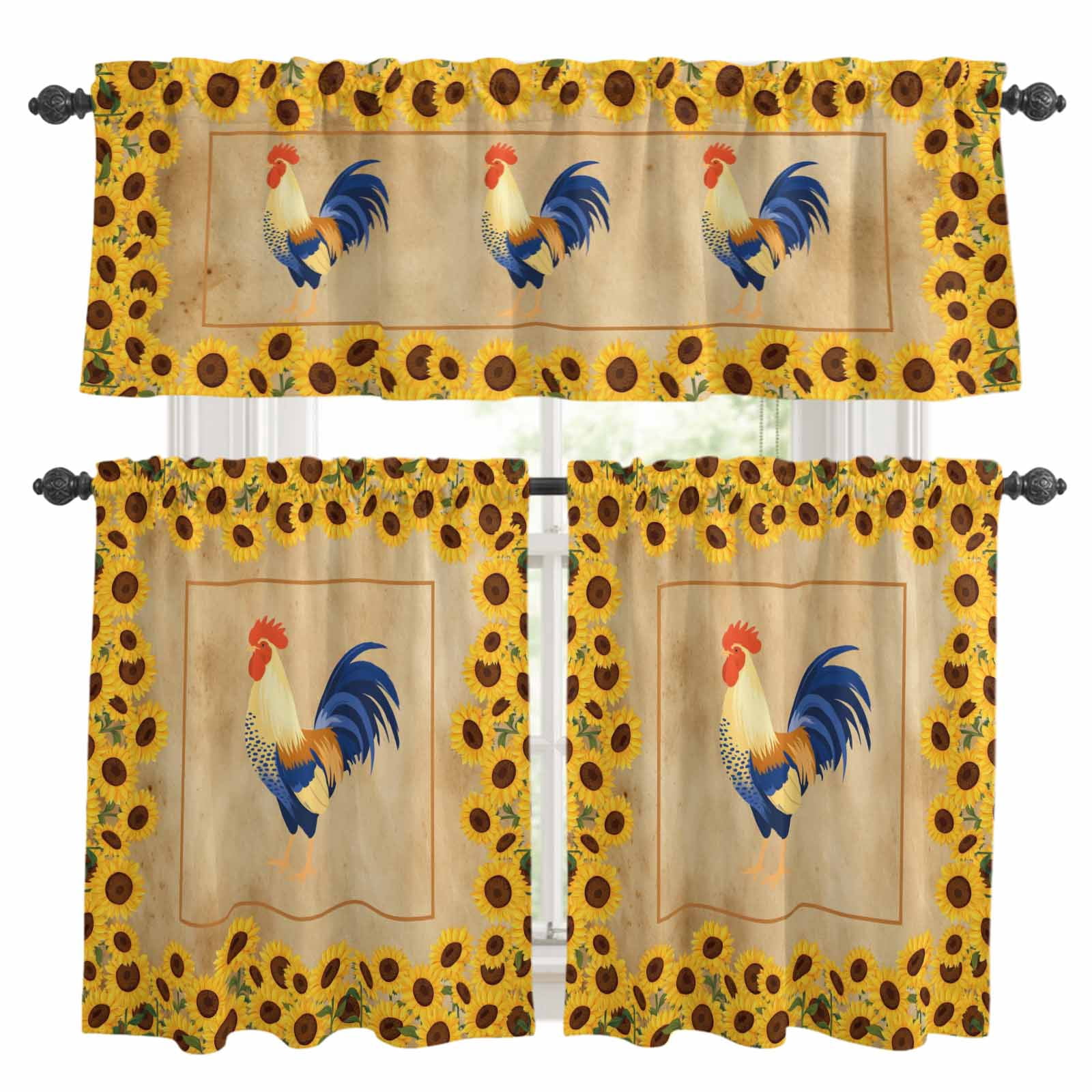 3 Piece Kitchen Curtains and Valances Set Rustic Rooster Cafe Curtains ...