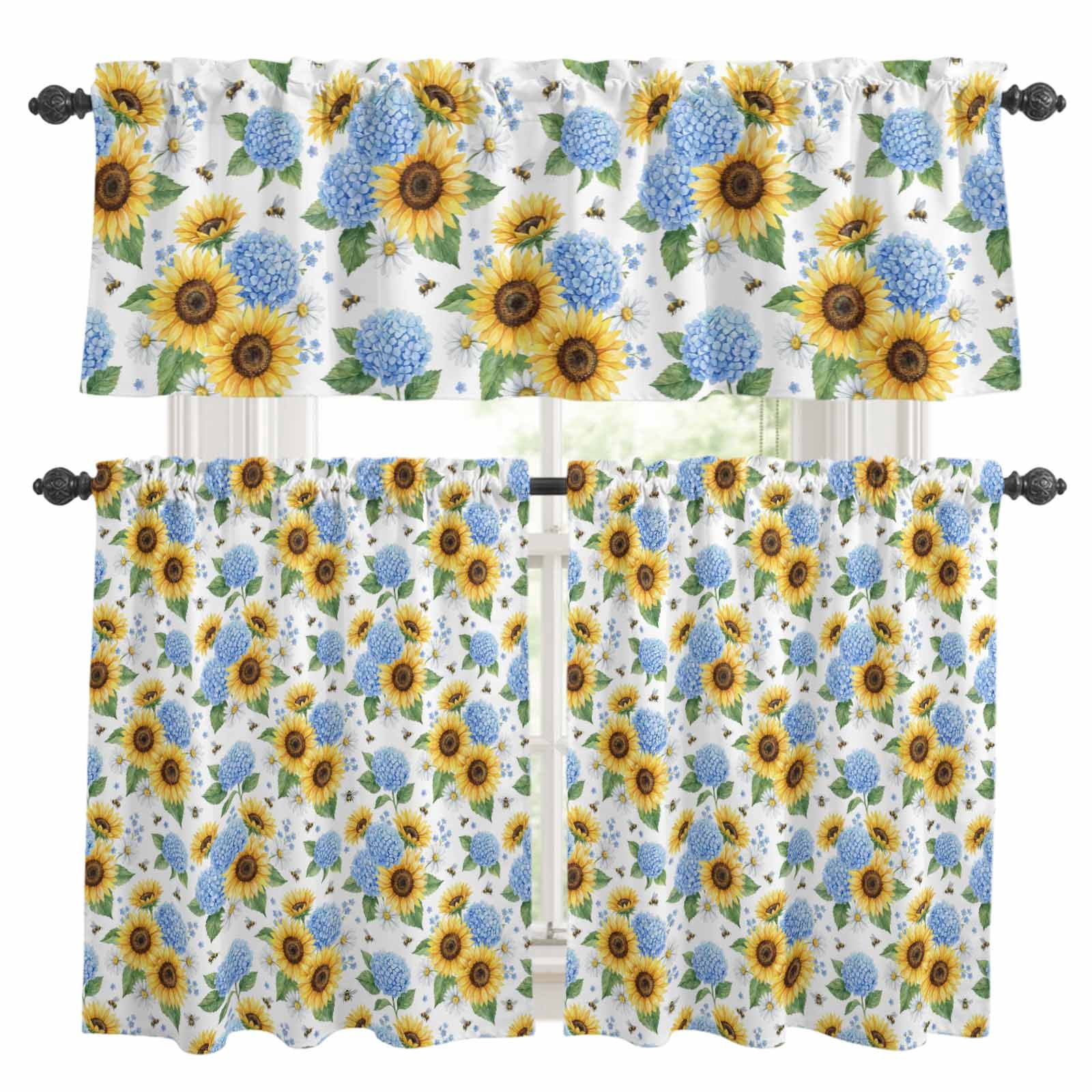 3 Piece Kitchen Curtains and Valances Set Rustic Sunflower Hydrangea ...