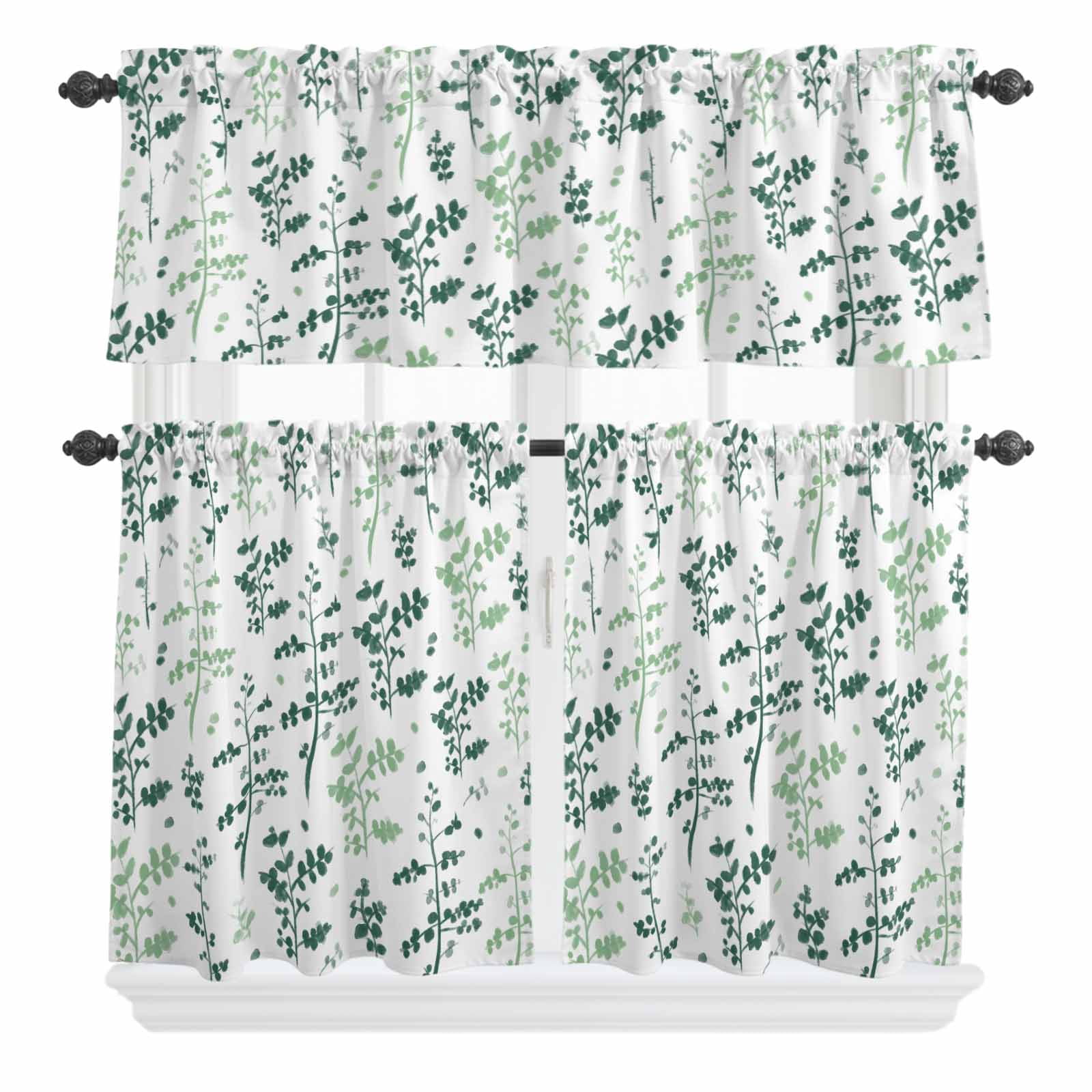 3 Piece Kitchen Curtains and Valances Set Sage Green Botanical Cafe ...