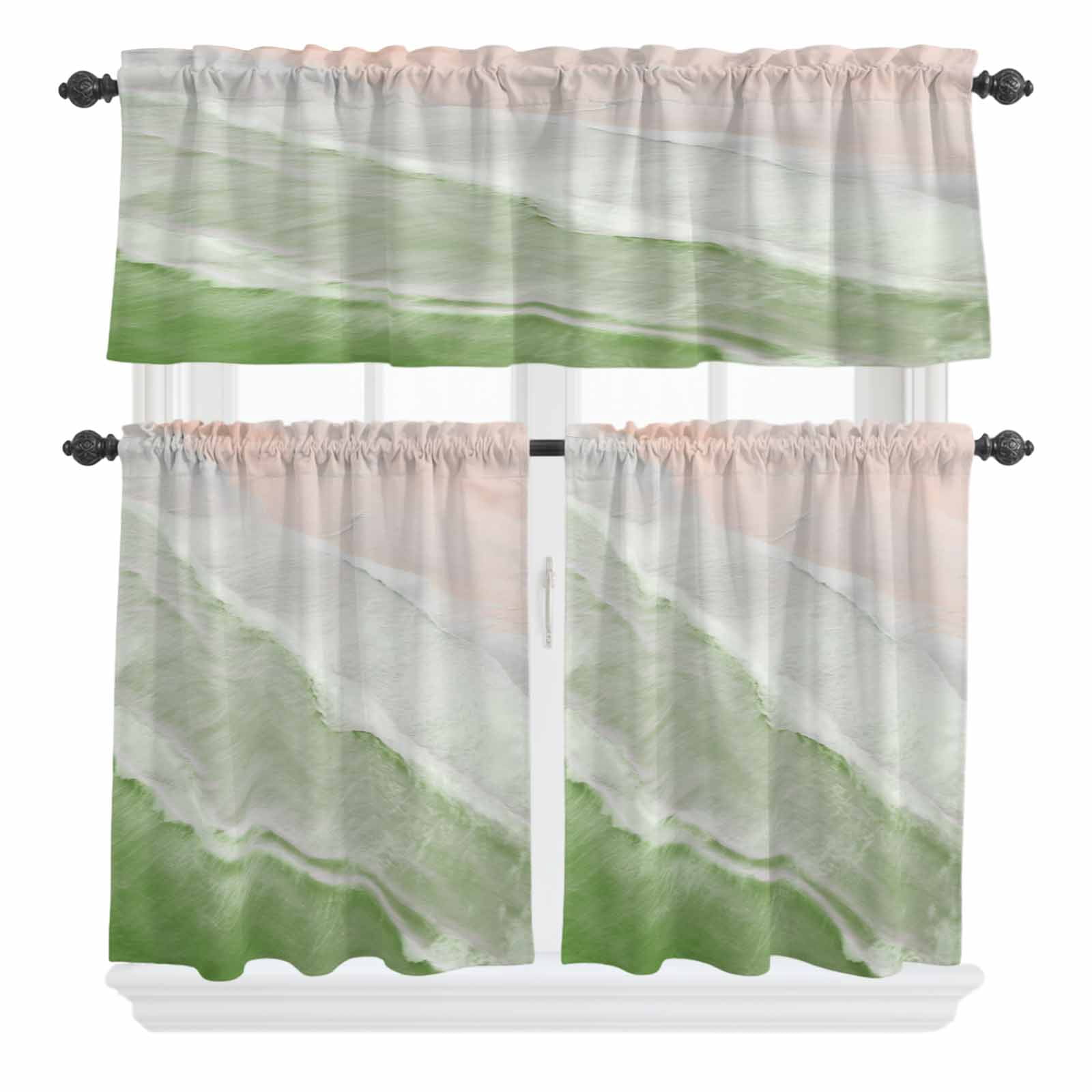 3 Piece Kitchen Curtains and Valances Set Sage Green Coastal Wave Cafe ...