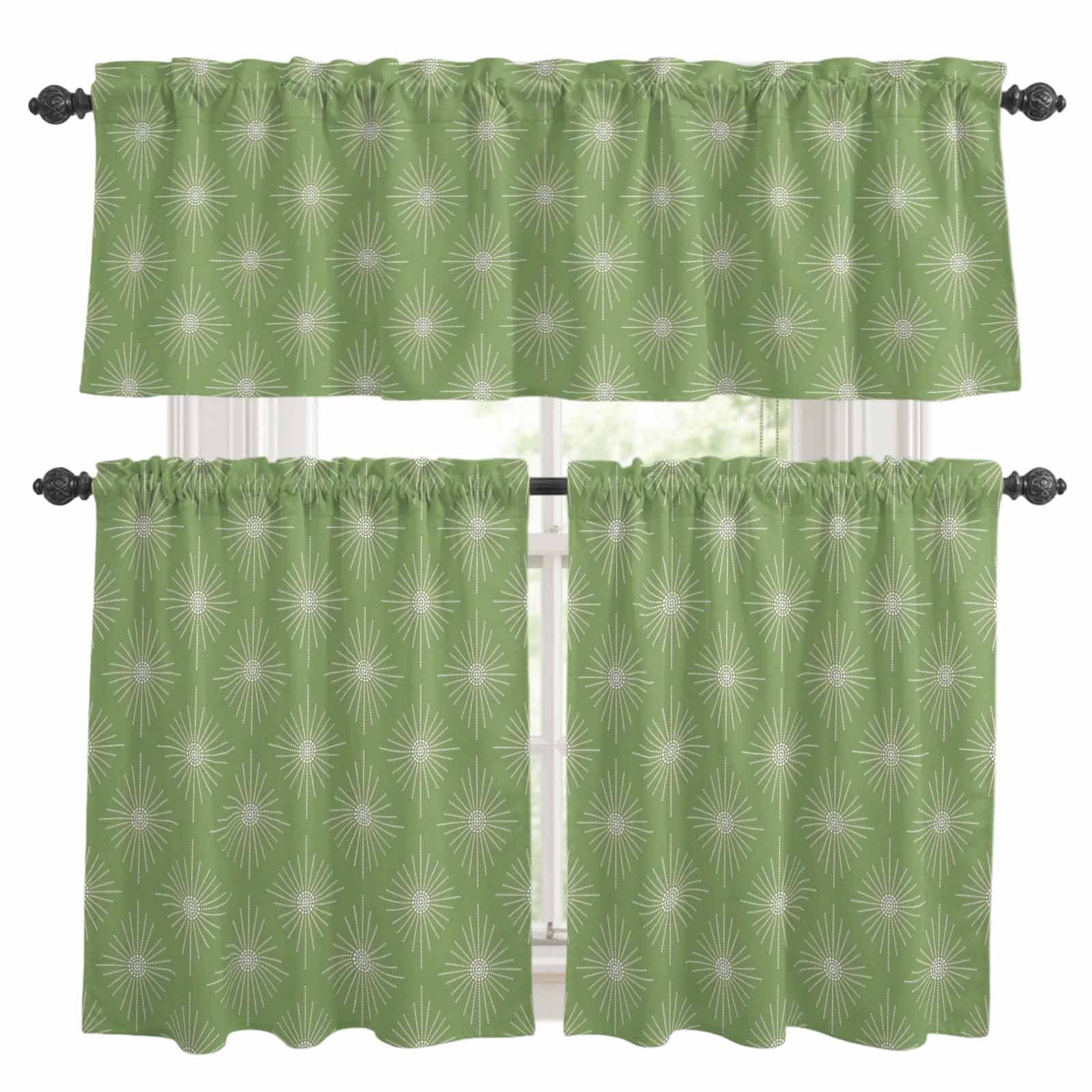 3 Piece Kitchen Curtains and Valances Set Sage Green Dotted Lines Cafe ...