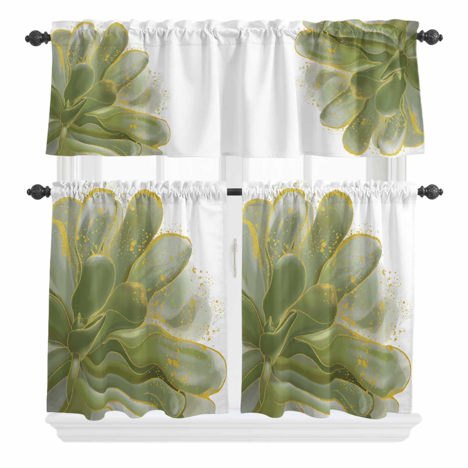 3 Piece Kitchen Curtains and Valances Set Sage Green Gold Cafe Curtains ...