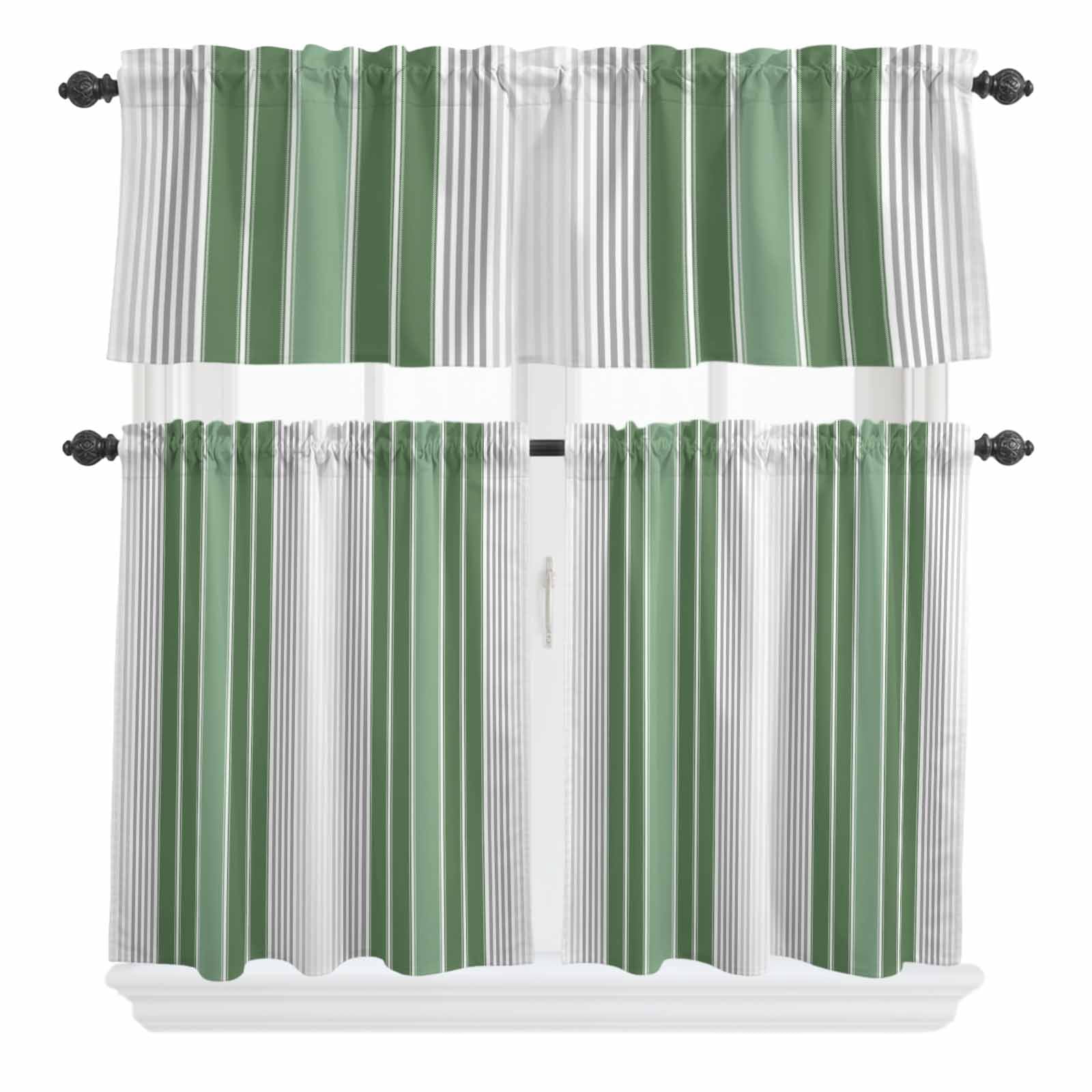3 Piece Kitchen Curtains and Valances Set Sage Green Grey Stripe Cafe ...