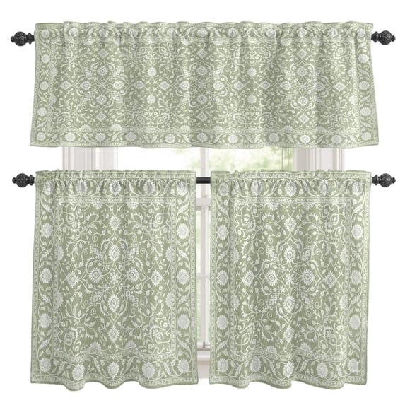 3 Piece Kitchen Curtains and Valances Set Sage Green Paisley Boho Cafe ...