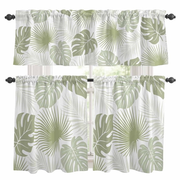 3 Piece Kitchen Curtains and Valances Set Sage Green Palm Leaves Cafe ...