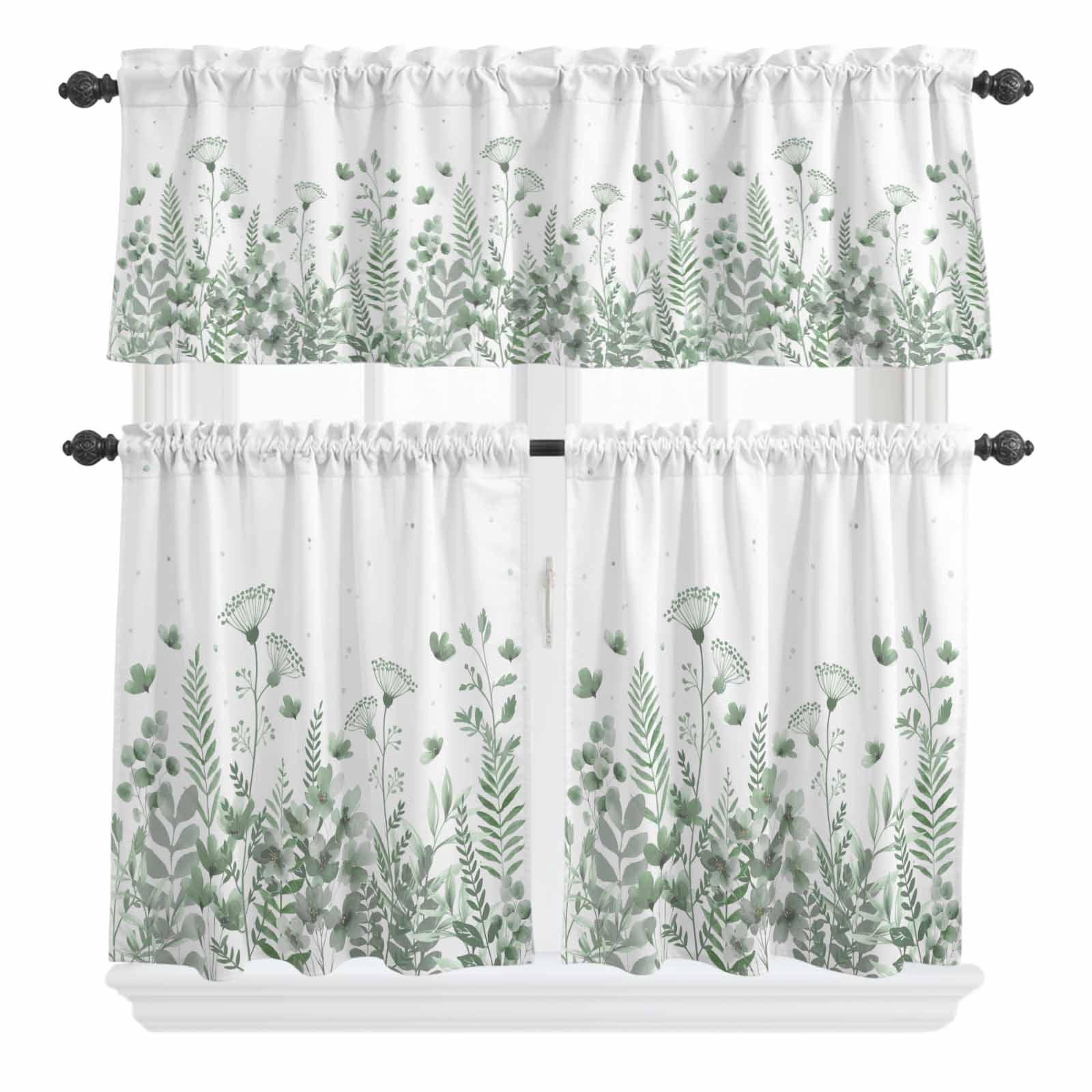 3 Piece Kitchen Curtains and Valances Set Sage Green Spring Floral Cafe ...