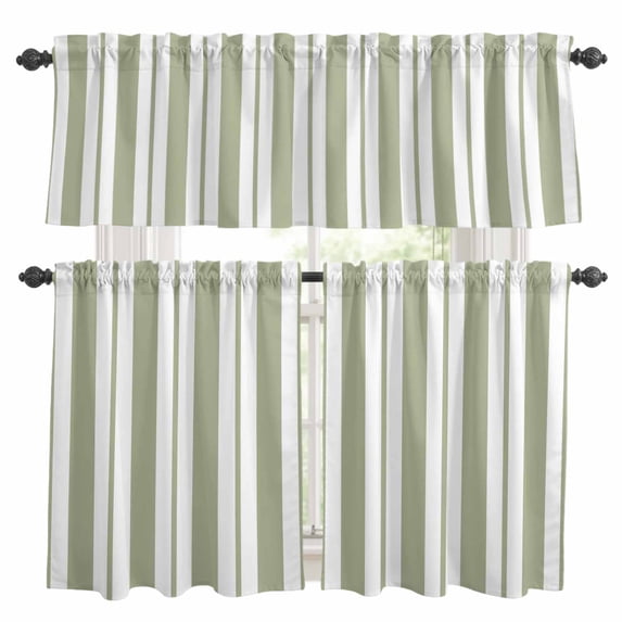 3 Piece Kitchen Curtains and Valances Set Sage Green Striped Cafe ...