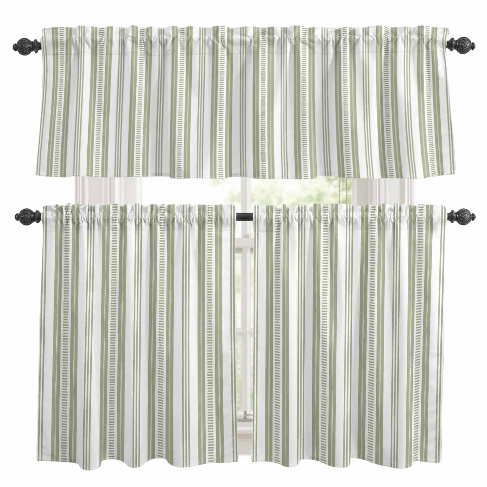 3 Piece Kitchen Curtains and Valances Set Sage Green Striped Cafe ...