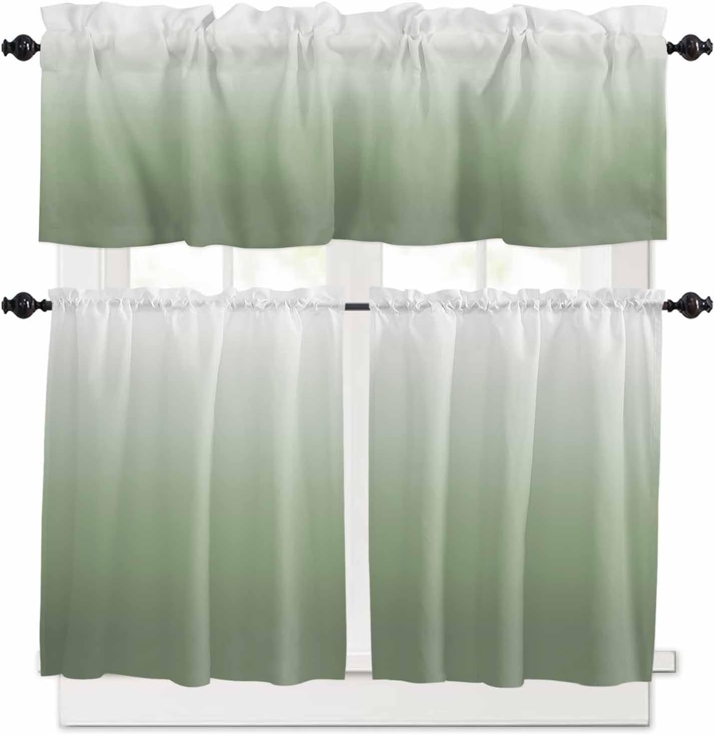 3-Piece Kitchen Curtains and Valances Set Sage Green Watercolor Rod ...