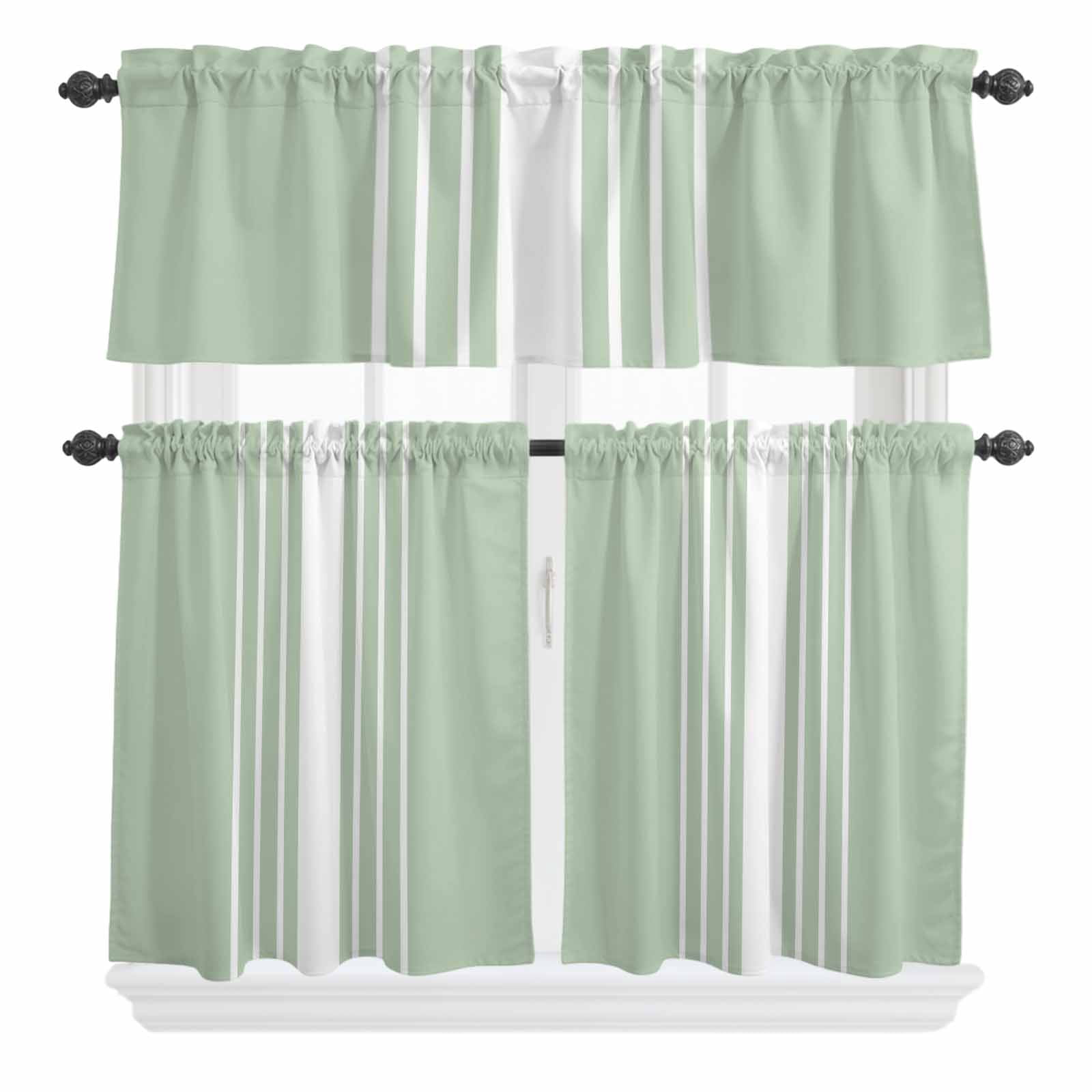 3 Piece Kitchen Curtains and Valances Set Sage Green White Stripe Cafe ...