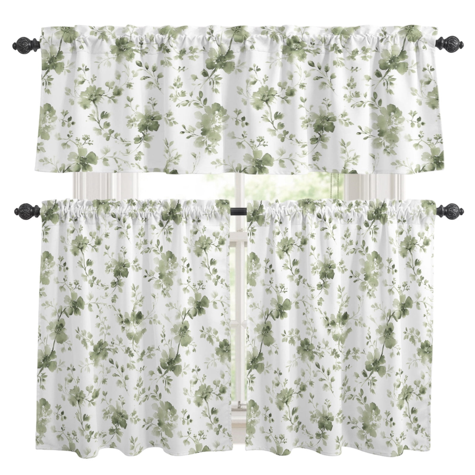 3 Piece Kitchen Curtains and Valances Set Sage Green Wildflower Cafe ...