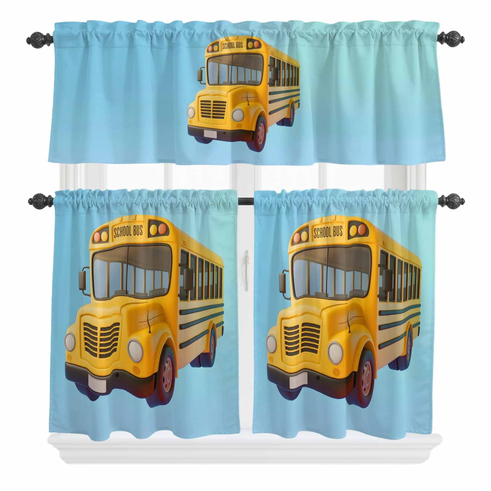 3 Piece Kitchen Curtains and Valances Set School Bus Cafe Curtains 24 ...