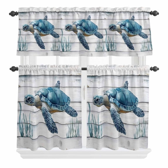 3 Piece Kitchen Curtains and Valances Set Sea Turtle Blue Cafe Curtains ...