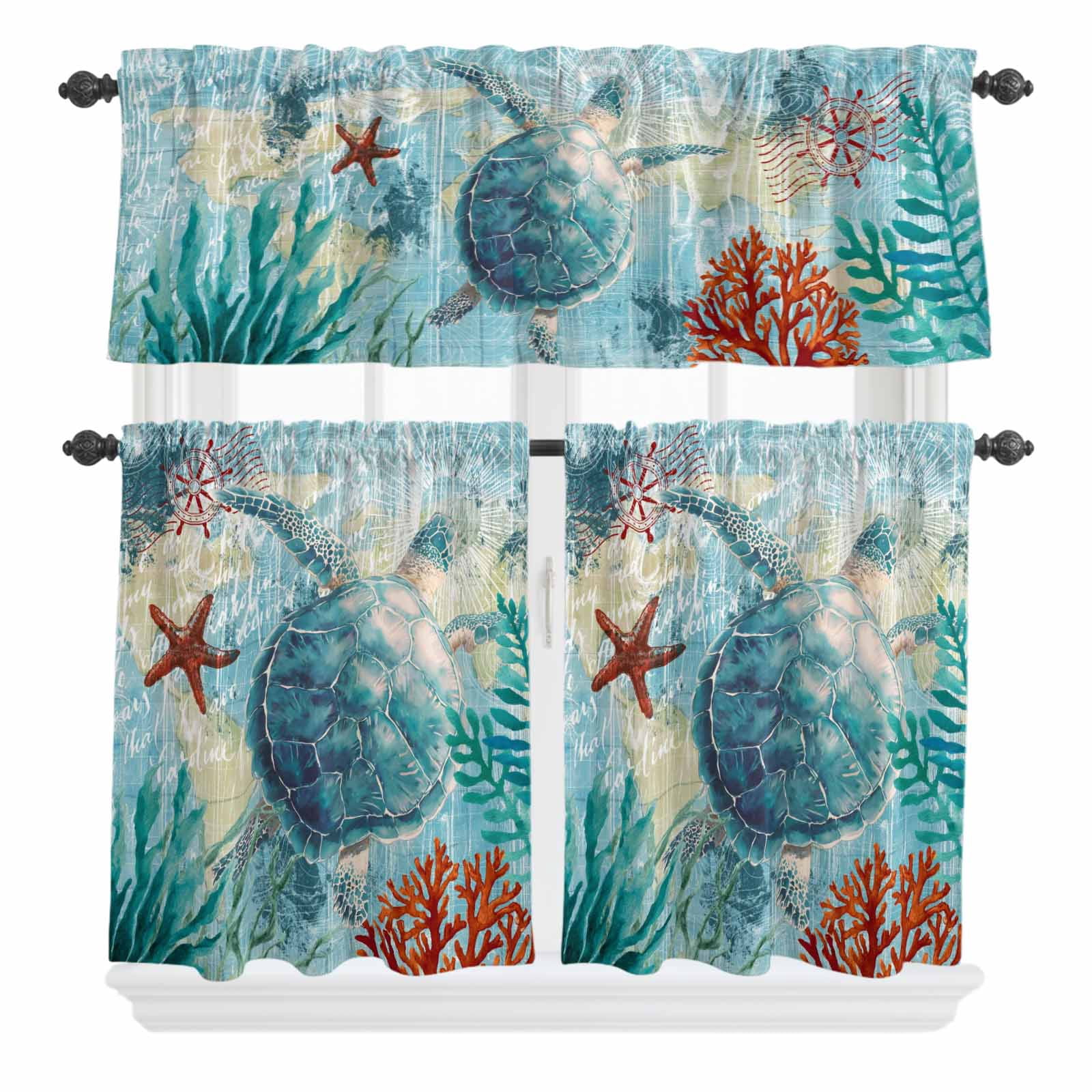 3 Piece Kitchen Curtains and Valances Set Sea Turtle Coastal Cafe ...