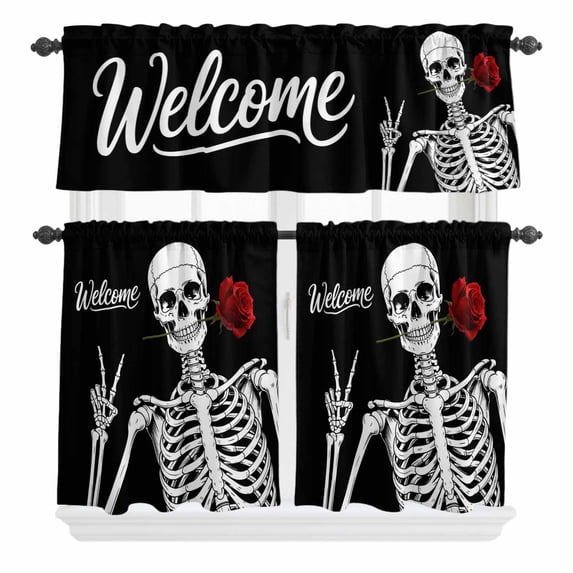 3 Piece Kitchen Curtains and Valances Set Skeletons Roses Cafe Curtains ...