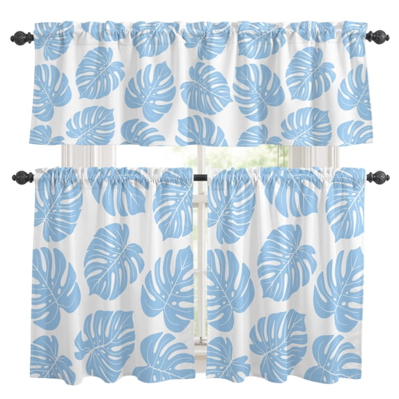 3 Piece Kitchen Curtains and Valances Set Sky Blue Monstera Leaf Cafe ...