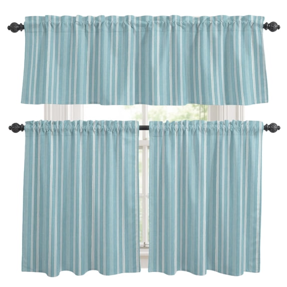 3 Piece Kitchen Curtains and Valances Set Sky Blue Striped Cafe ...