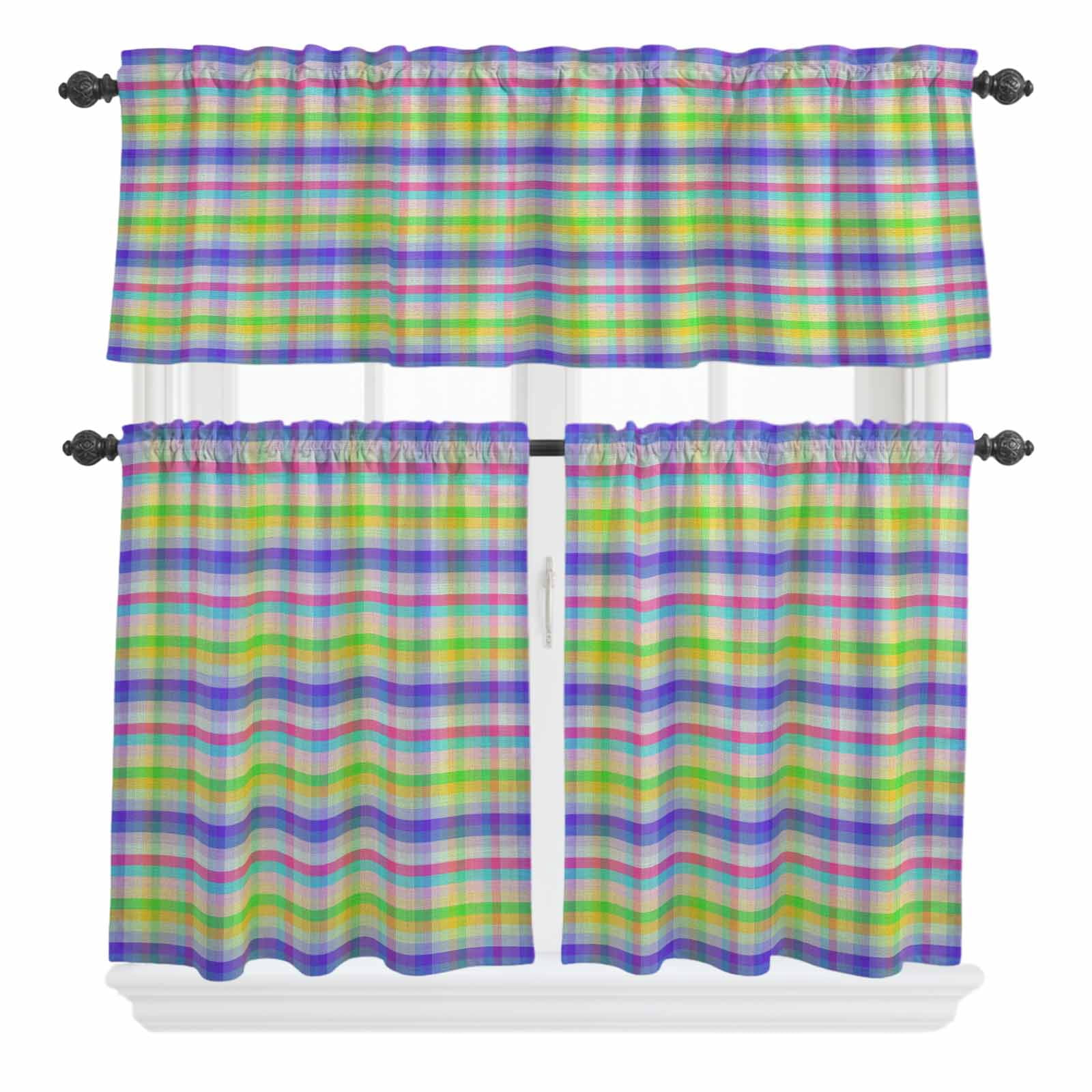 3 Piece Kitchen Curtains and Valances Set Slate Blue Plaid Cafe ...
