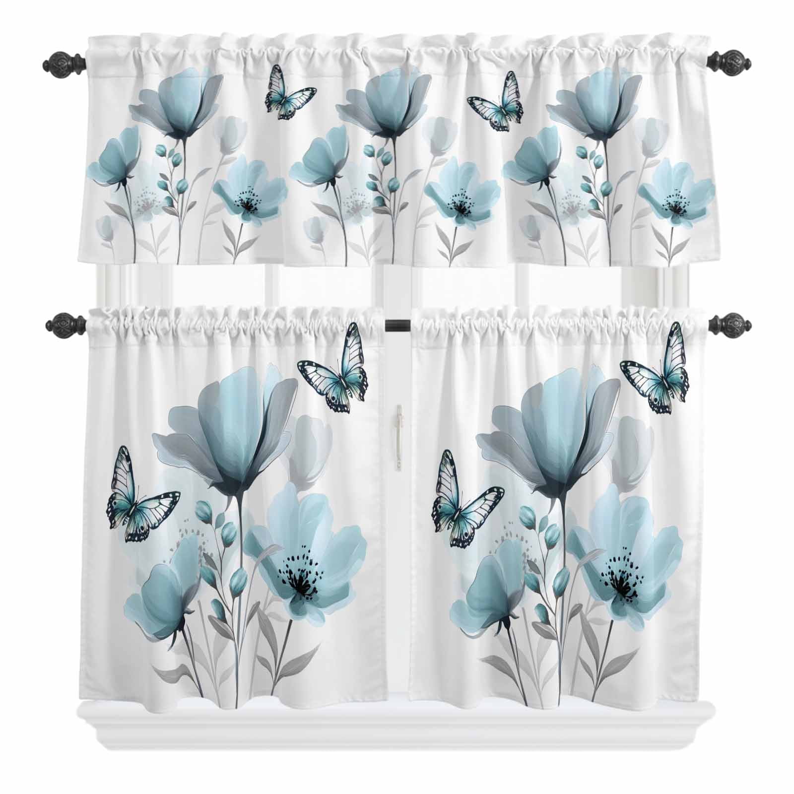 3 Piece Kitchen Curtains and Valances Set Spring Blue Tulip Cafe ...