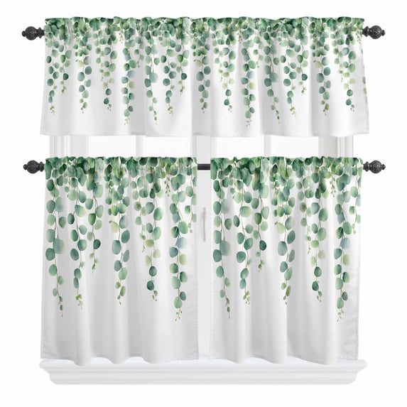 3 Piece Kitchen Curtains and Valances Set Spring Eucalyptus Leaf Cafe ...