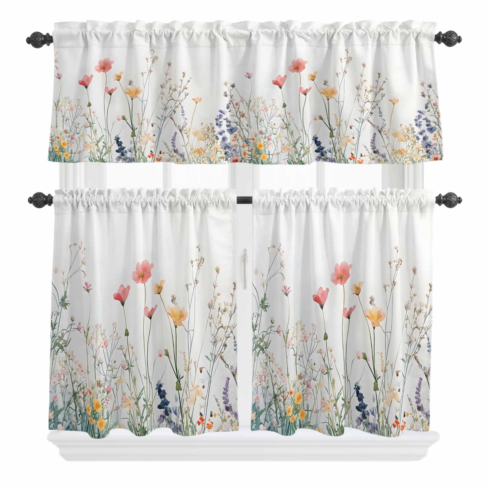 3 Piece Kitchen Curtains and Valances Set Spring Floral Botanical Cafe ...