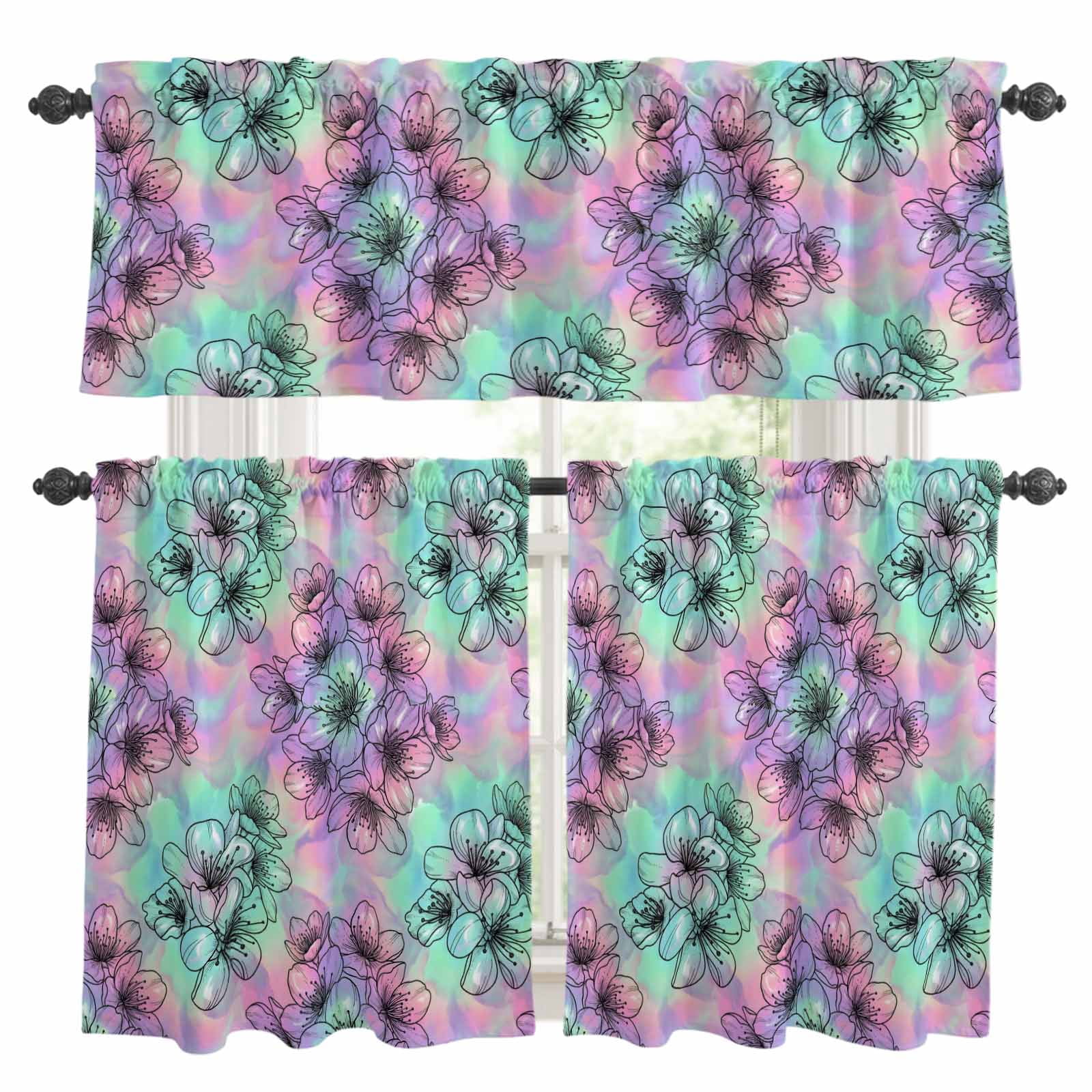 3 Piece Kitchen Curtains and Valances Set Spring Floral Cafe Curtains ...