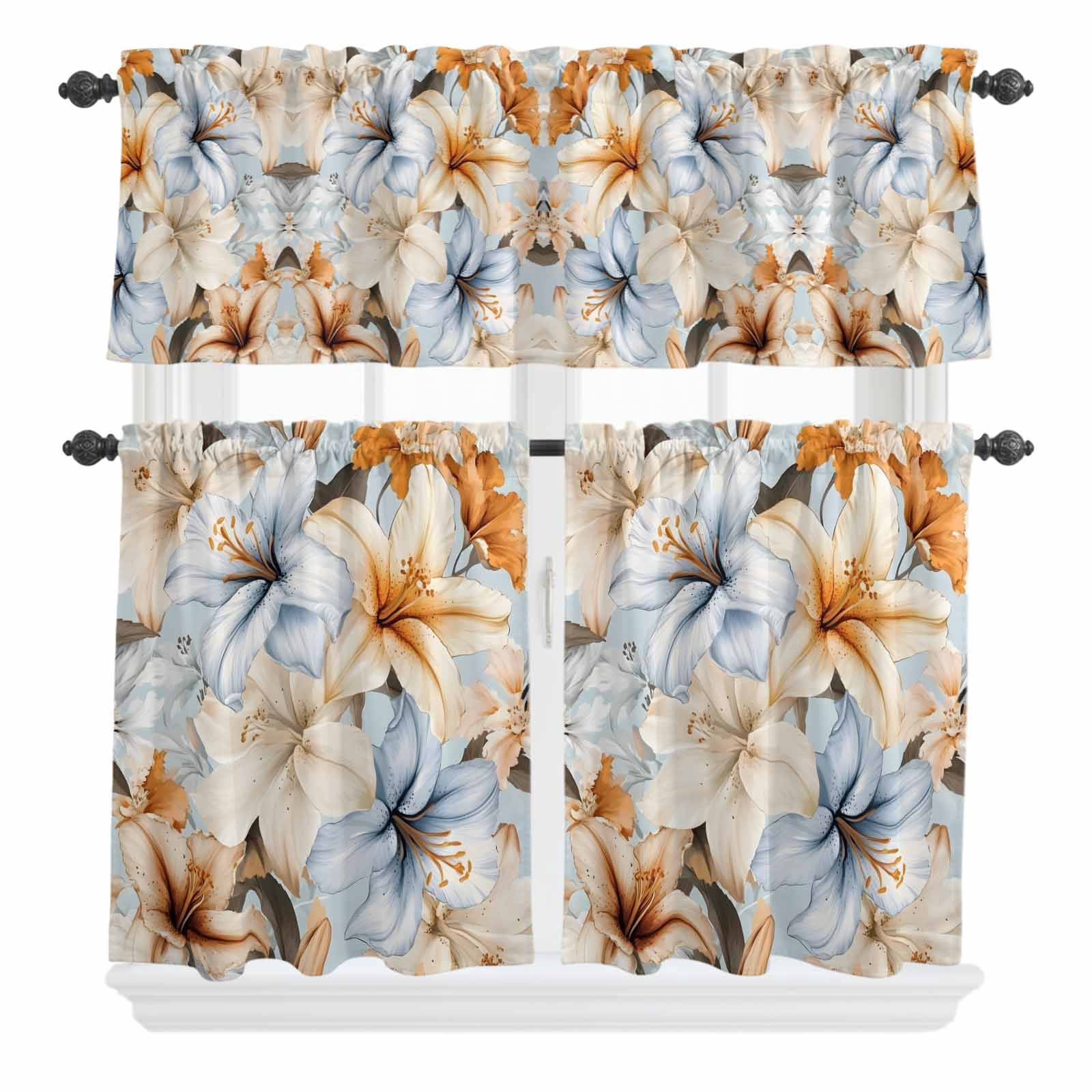 3 Piece Kitchen Curtains and Valances Set Spring Floral Cafe Curtains ...