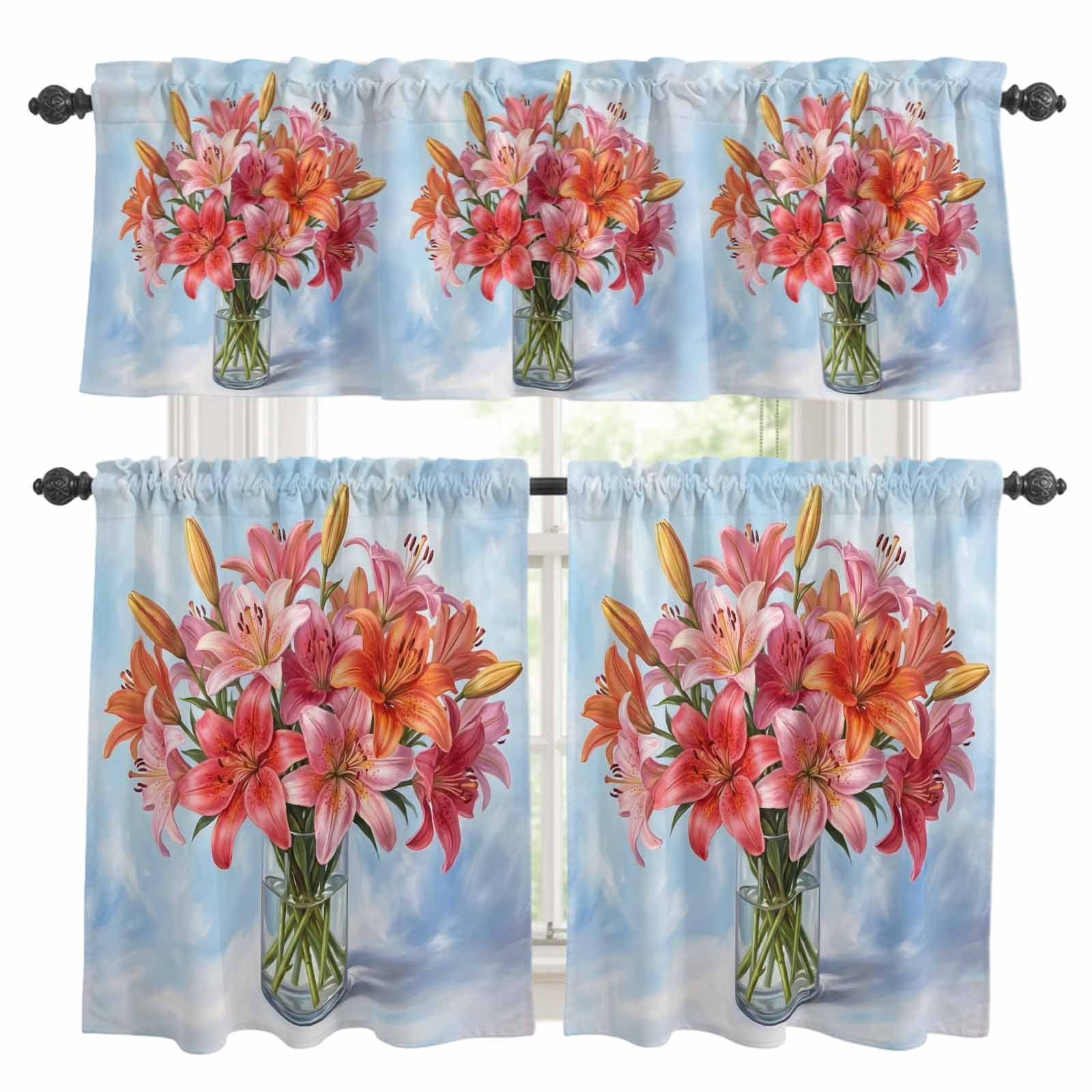 3 Piece Kitchen Curtains and Valances Set Spring Floral Cafe Curtains ...