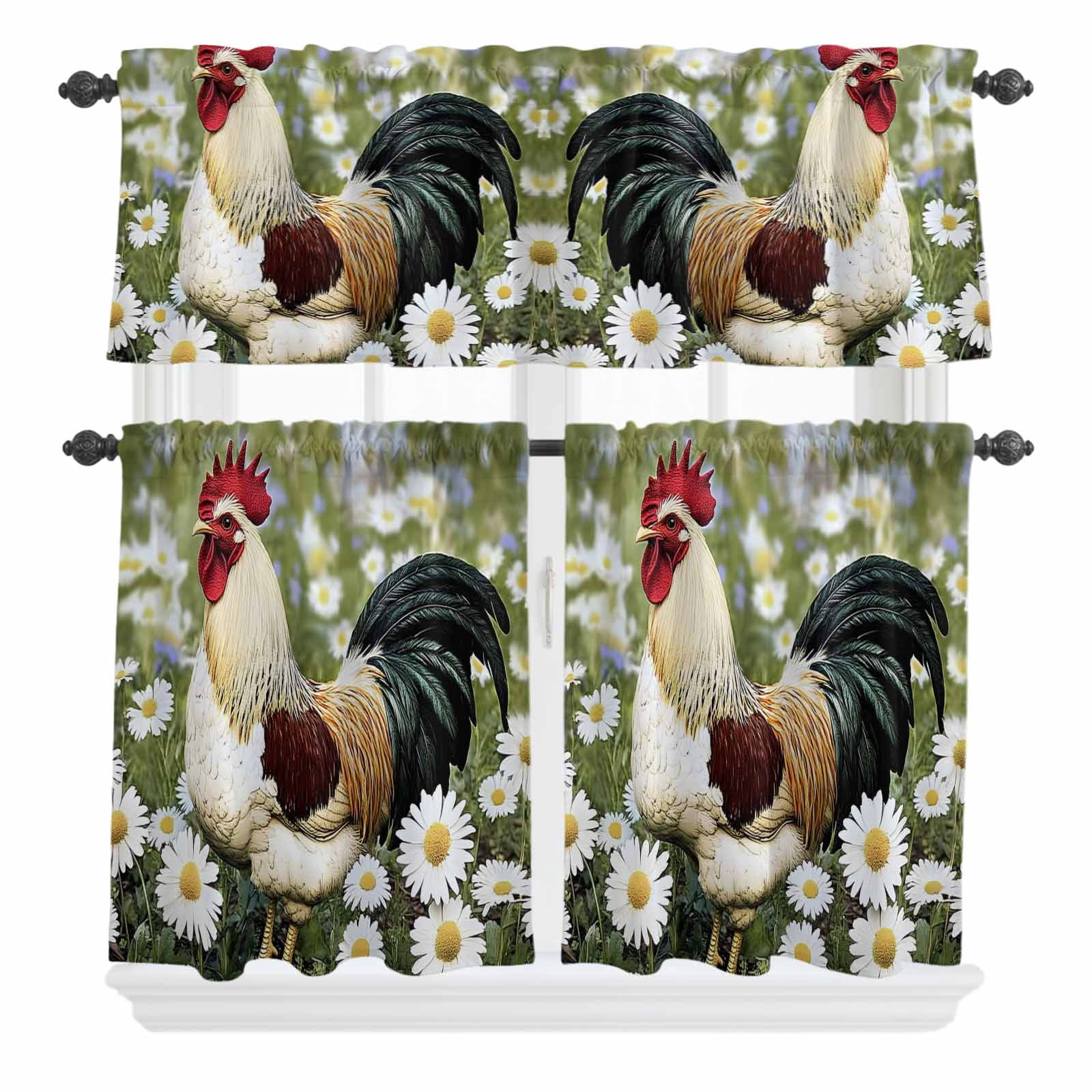 3 Piece Kitchen Curtains and Valances Set Spring Floral Rooster Cafe ...