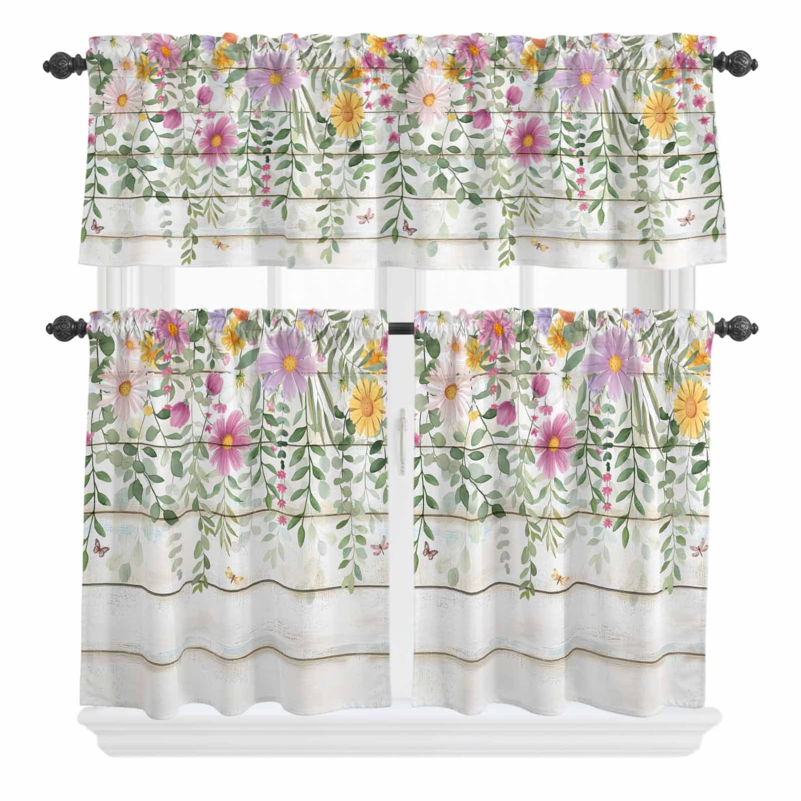 3 Piece Kitchen Curtains and Valances Set Spring Flowers Cafe Curtains ...
