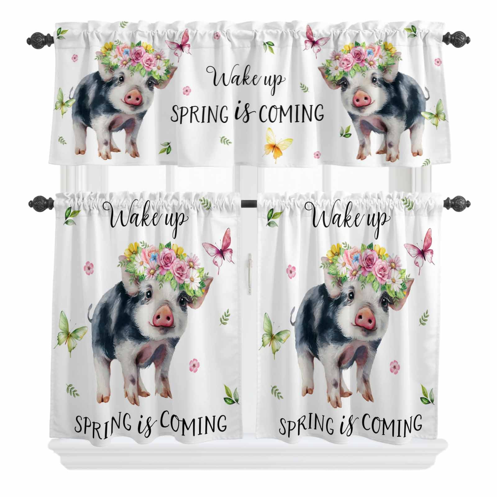 3 Piece Kitchen Curtains and Valances Set Spring Pig Cafe Curtains 36 ...