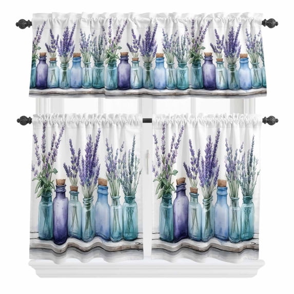3 Piece Kitchen Curtains and Valances Set Spring Purple Floral Cafe ...