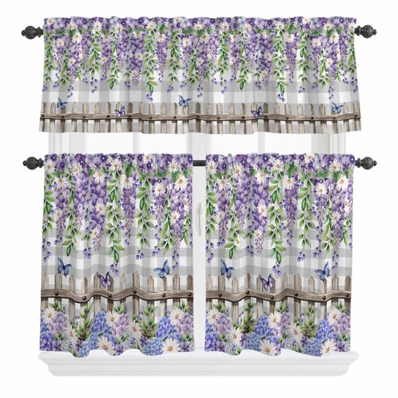 3 Piece Kitchen Curtains and Valances Set Spring Purple Flowers Cafe ...