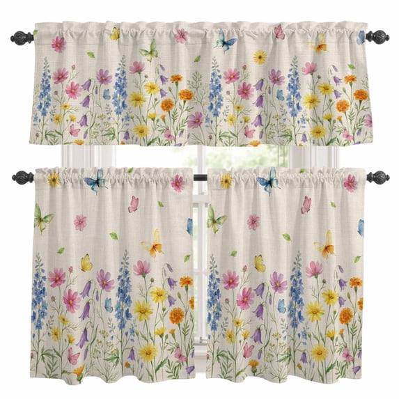 3 Piece Kitchen Curtains and Valances Set Spring Summer Flowers Cafe ...