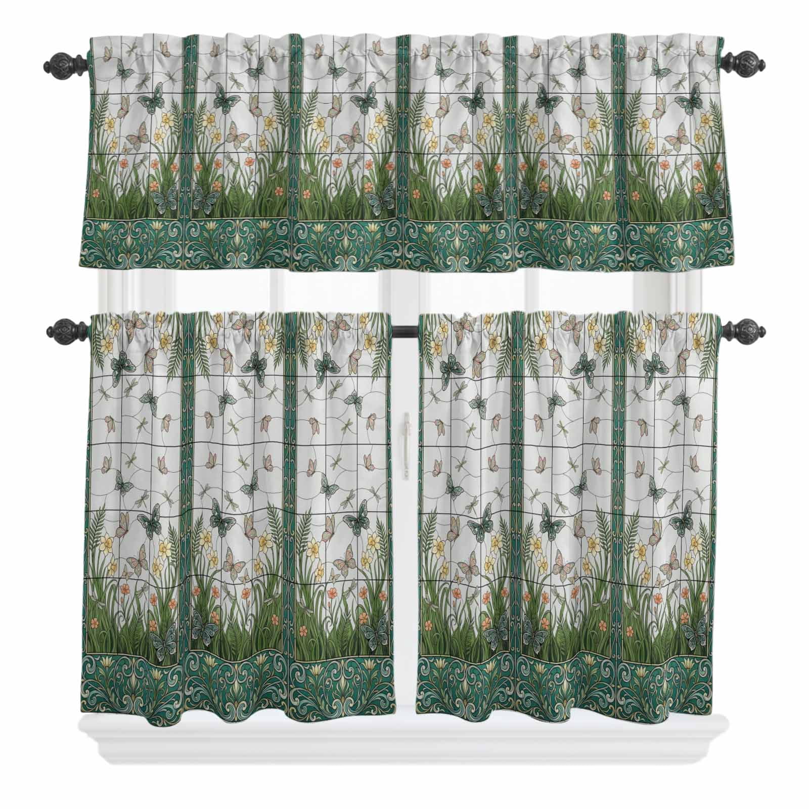 3 Piece Kitchen Curtains and Valances Set Stained Glass Cafe Curtains 24 Inch Length Butterfly ...